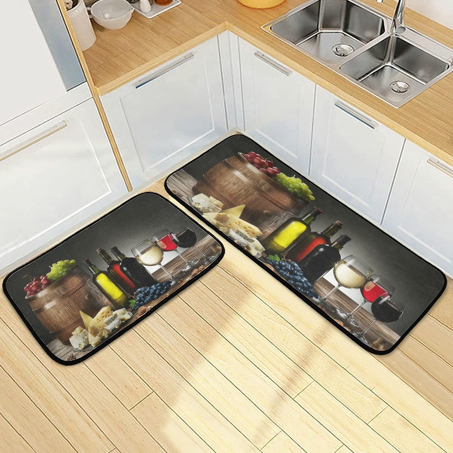 SKYSONIC Red Wine Cheeses Fruits Kitchen Rugs Set of 2, Wooden Board ...