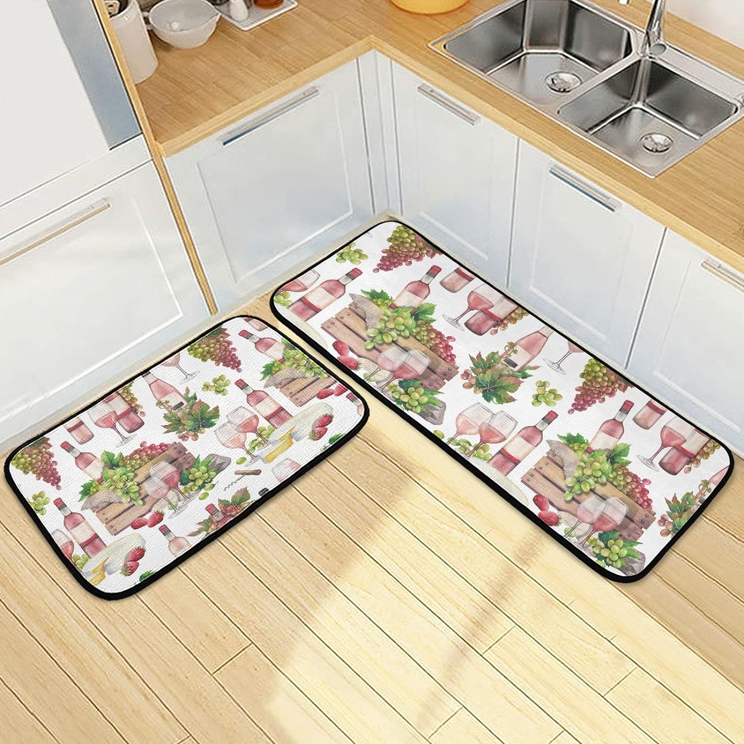 SKYSONIC Red Wine Grapes Fruit Kitchen Rugs Set of 2, Watercolor Wooden ...