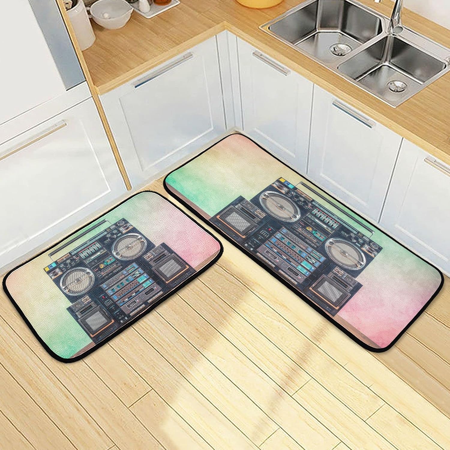 SKYSONIC Retro Boombox Kitchen Mats Set of 2 Vintage Cassette Recorder ...