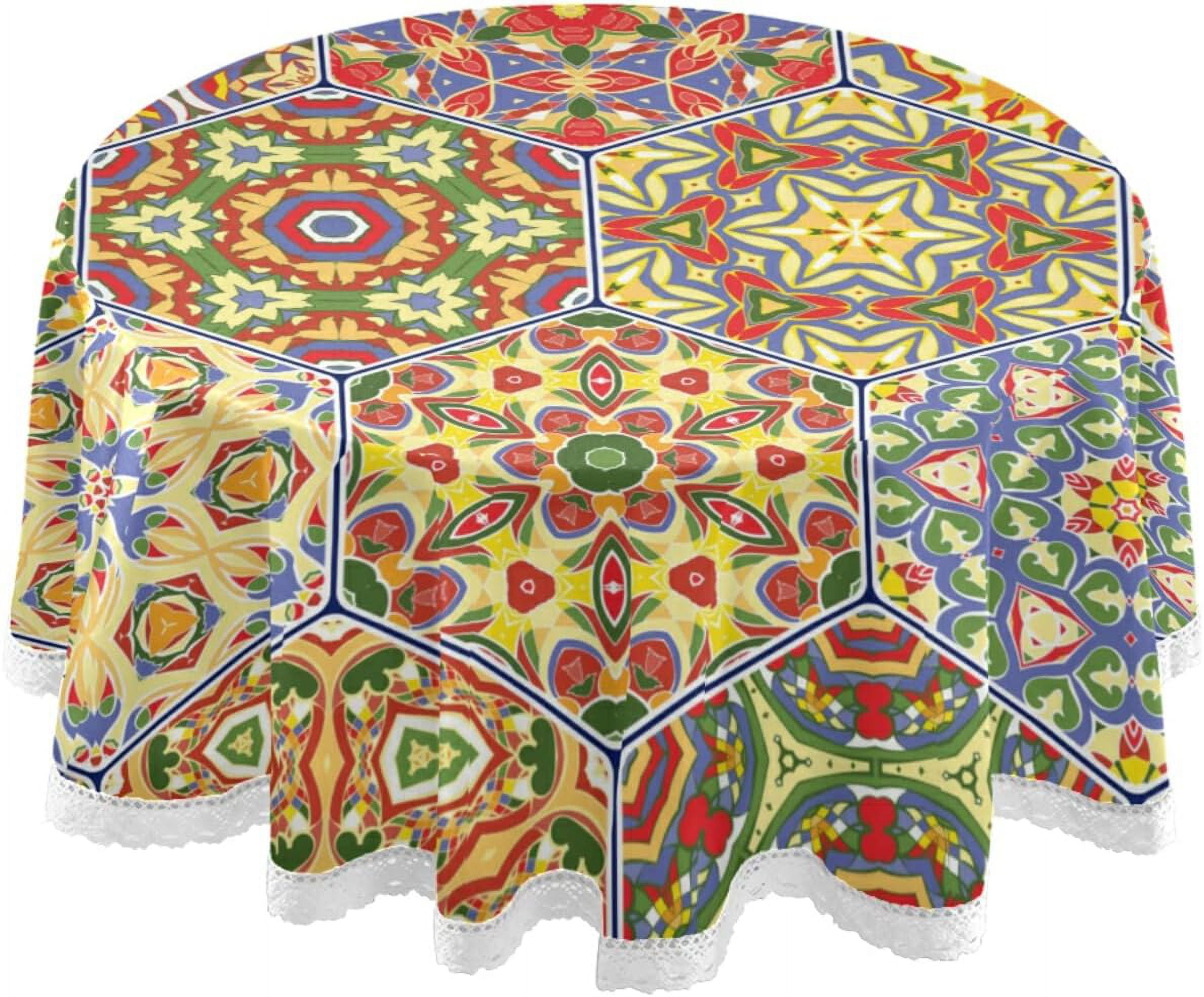 SKYSONIC Retro Ethnic Hexagon Tiles Pattern Round Tablecloth 60In,Table ...