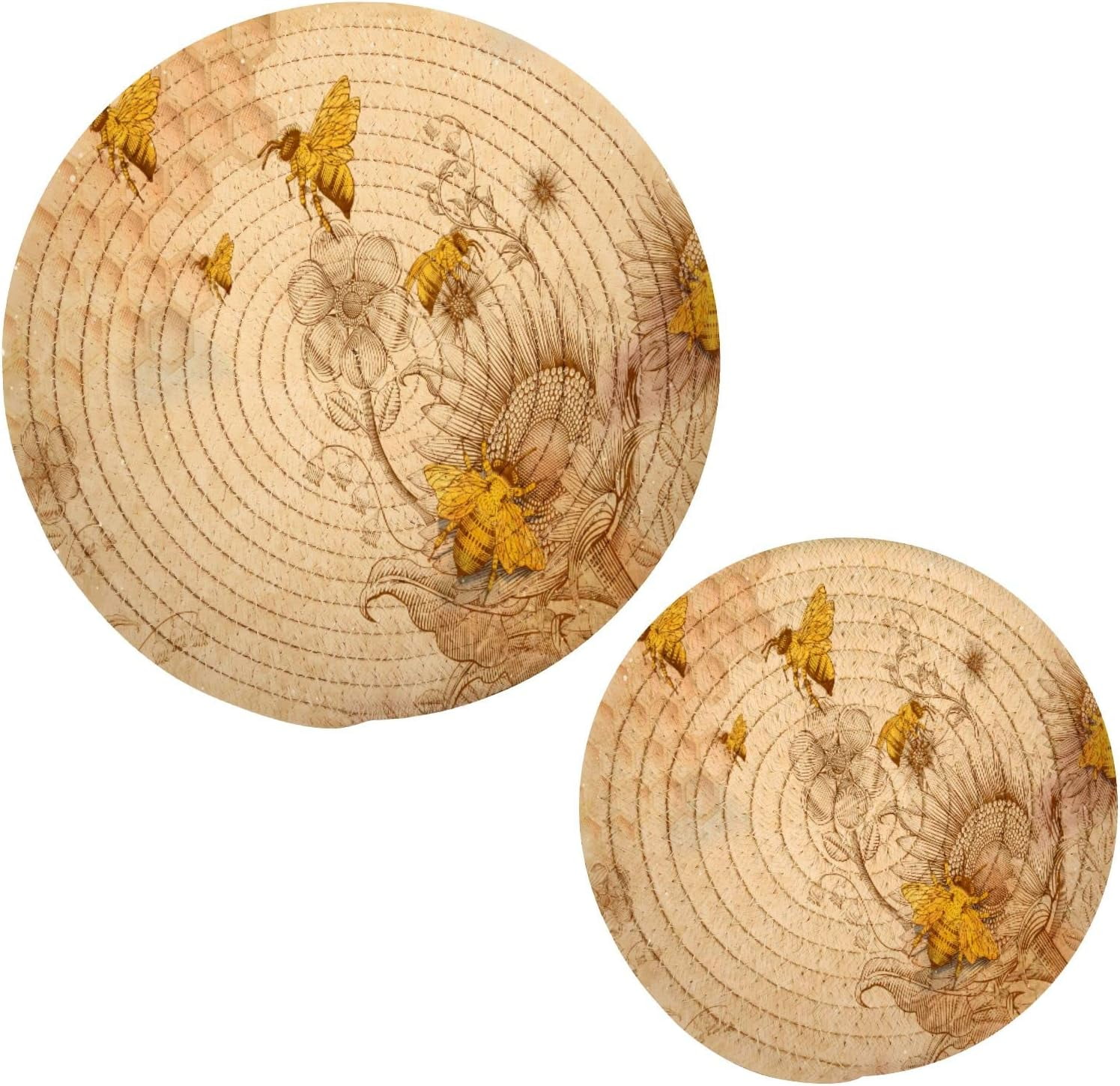 SKYSONIC Retro Folwer Bees Pot Holders Set Trivet Honey Wildflowers Hot ...