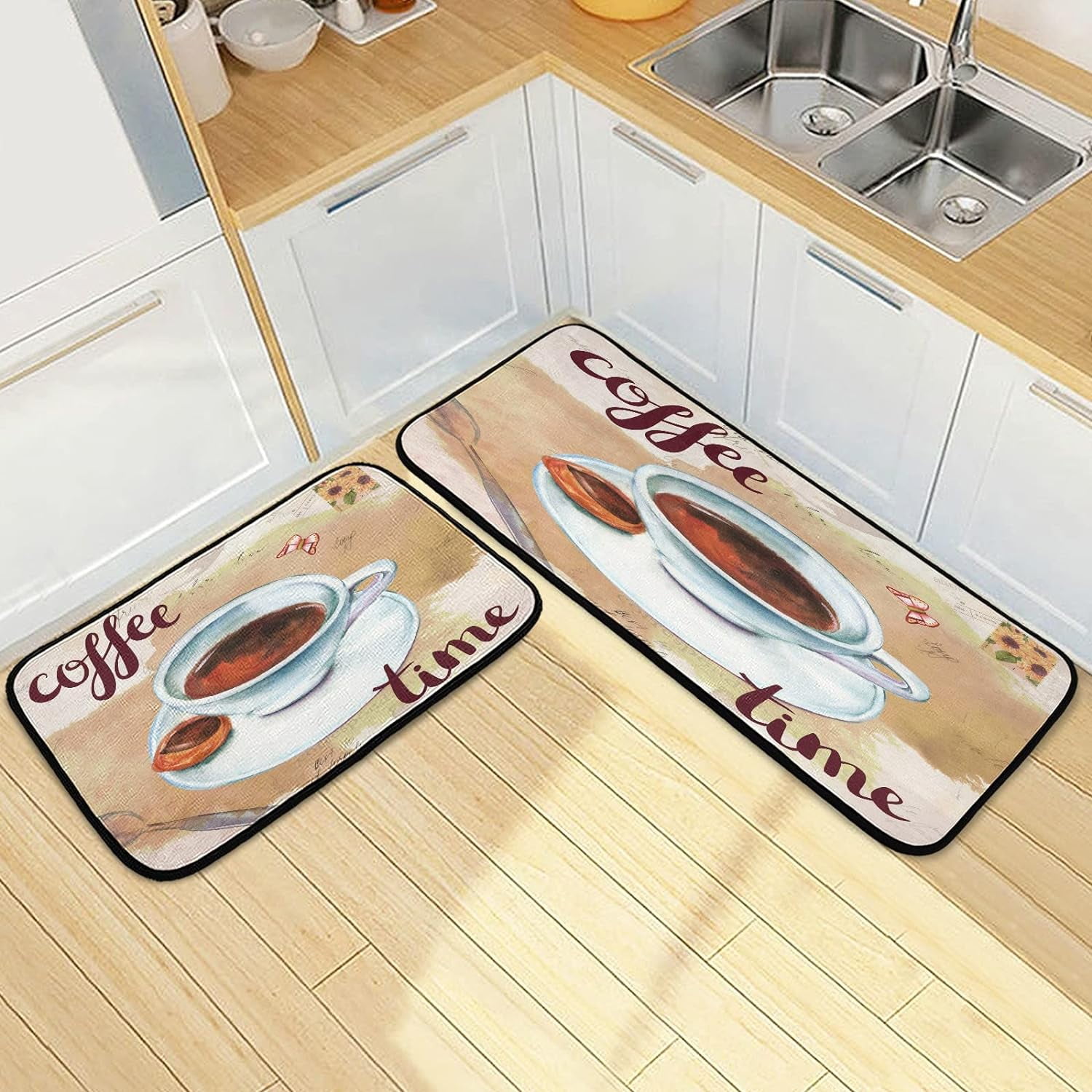 SKYSONIC Retro Watercolor Coffee Time Kitchen Rugs Set of 2, Sunflower ...