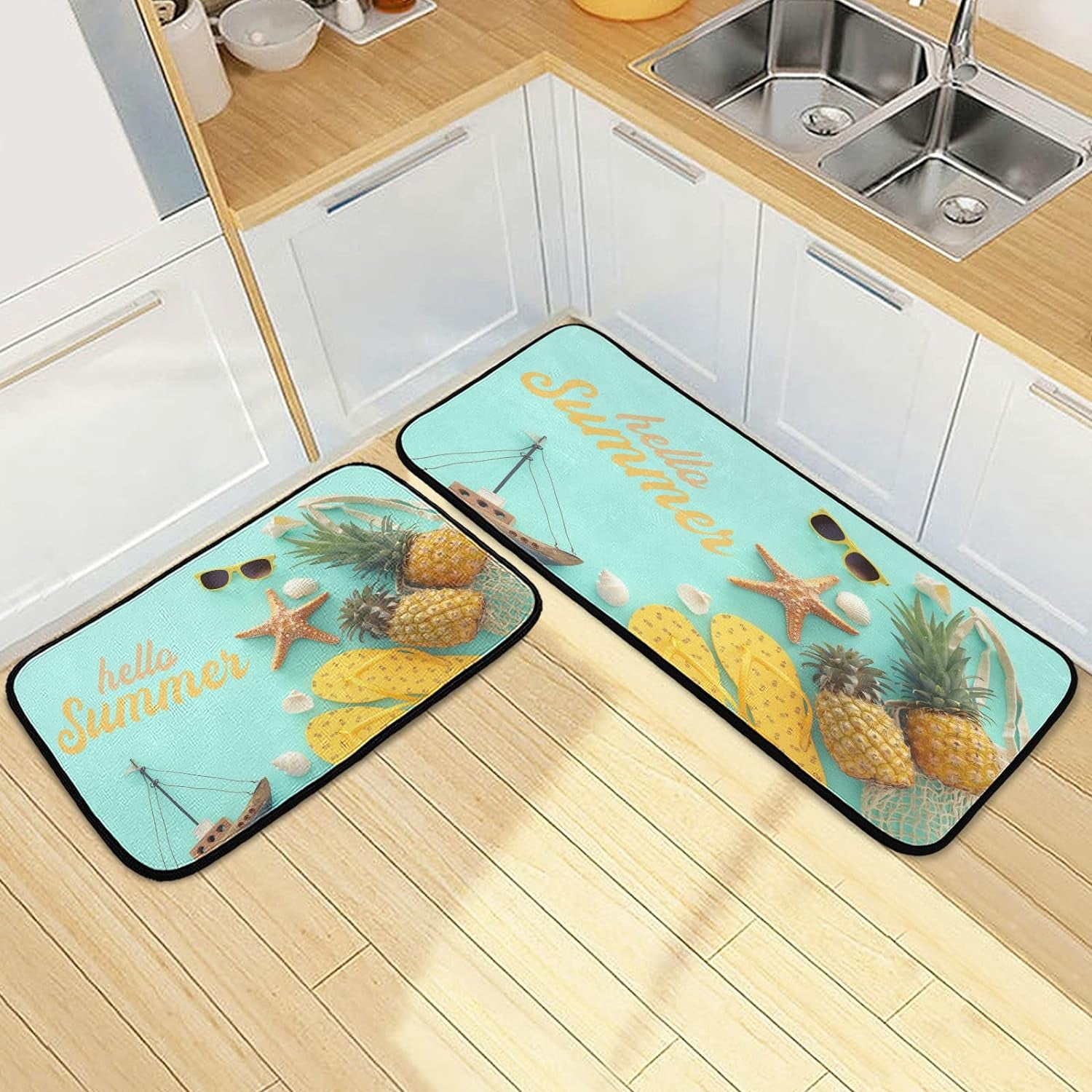 SKYSONIC Ripe Pineapple Flip-Flops Kitchen Rugs Set of 2, Hello Summer ...