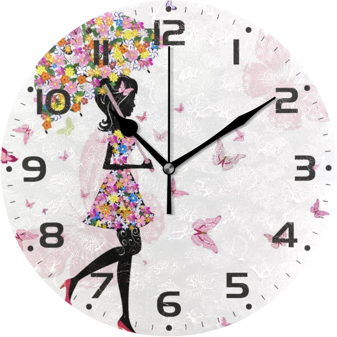 SKYSONIC Romance Girl Butterfly Wall Clock 10 Inch Silent Non Ticking ...
