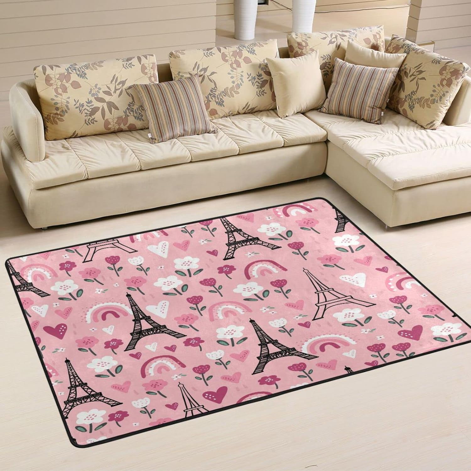 SKYSONIC Romantic Eiffel Tower Flower Non-Slip Area Rug, Valentine's ...