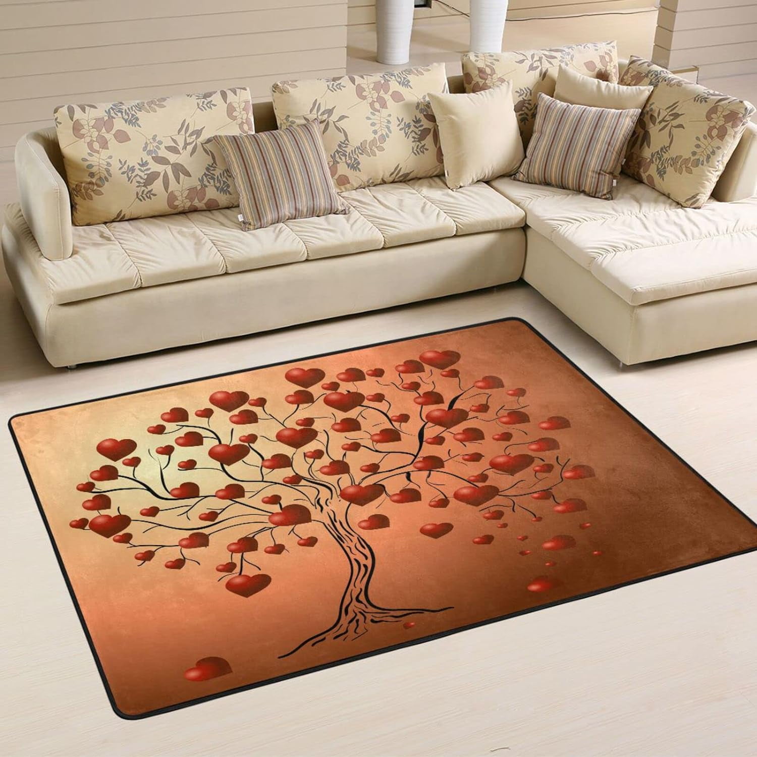 SKYSONIC Romantic Tree Falling Hearts Non-Slip Area Rug, Happy ...