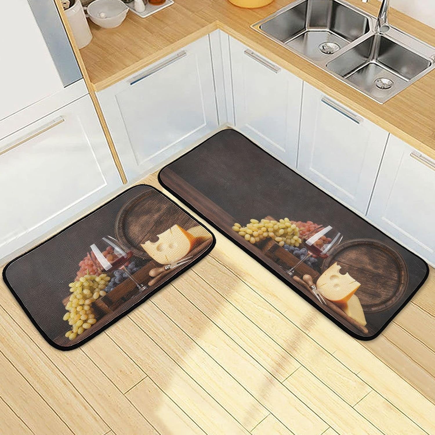 SKYSONIC Rustic Wine Grapes Cheese Kitchen Rugs 2 Pieces, Wooden Barrel ...
