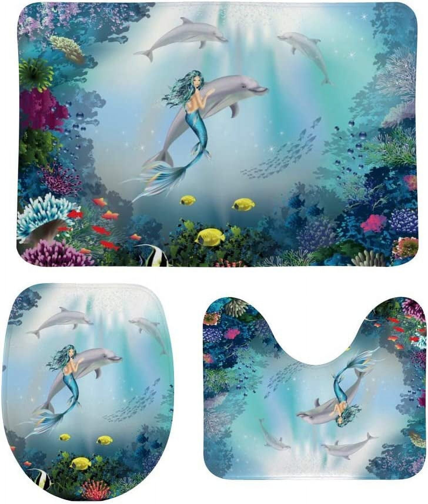 SKYSONIC SKYSONIC Non-Slip 3 Piece Bathroom Rug Set Mermaid and Dolphin ...