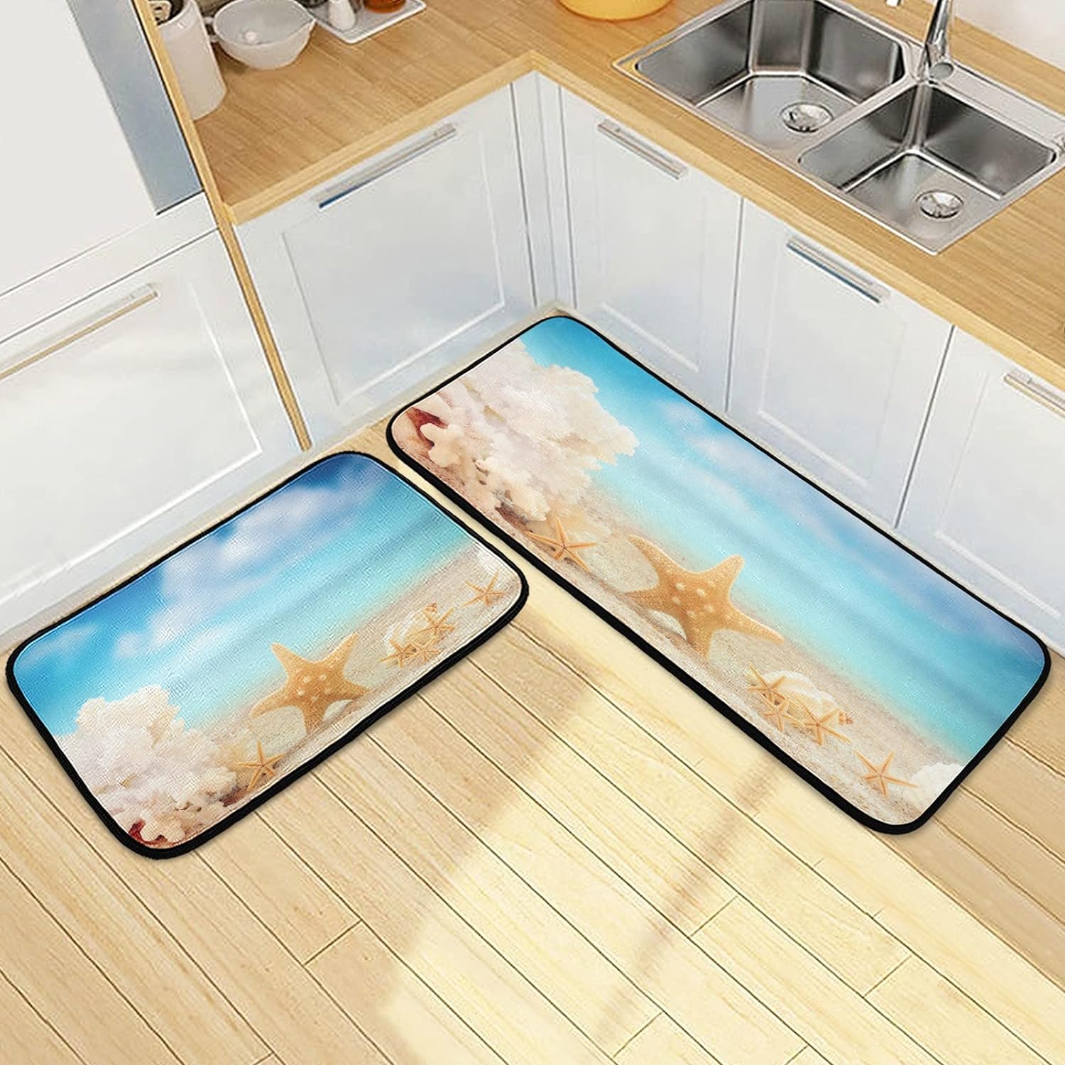 SKYSONIC Sandy Beach Coral Kitchen Mats and Rugs Summer Seashell ...