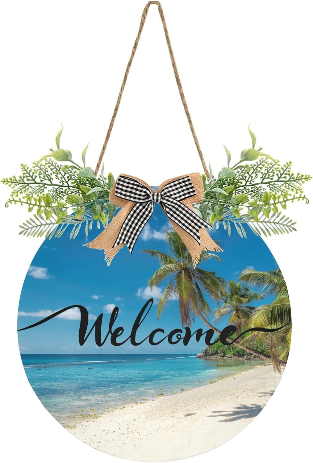 SKYSONIC Sandy Beach Welcome Sign Front Door Decor Round Door Hanging ...