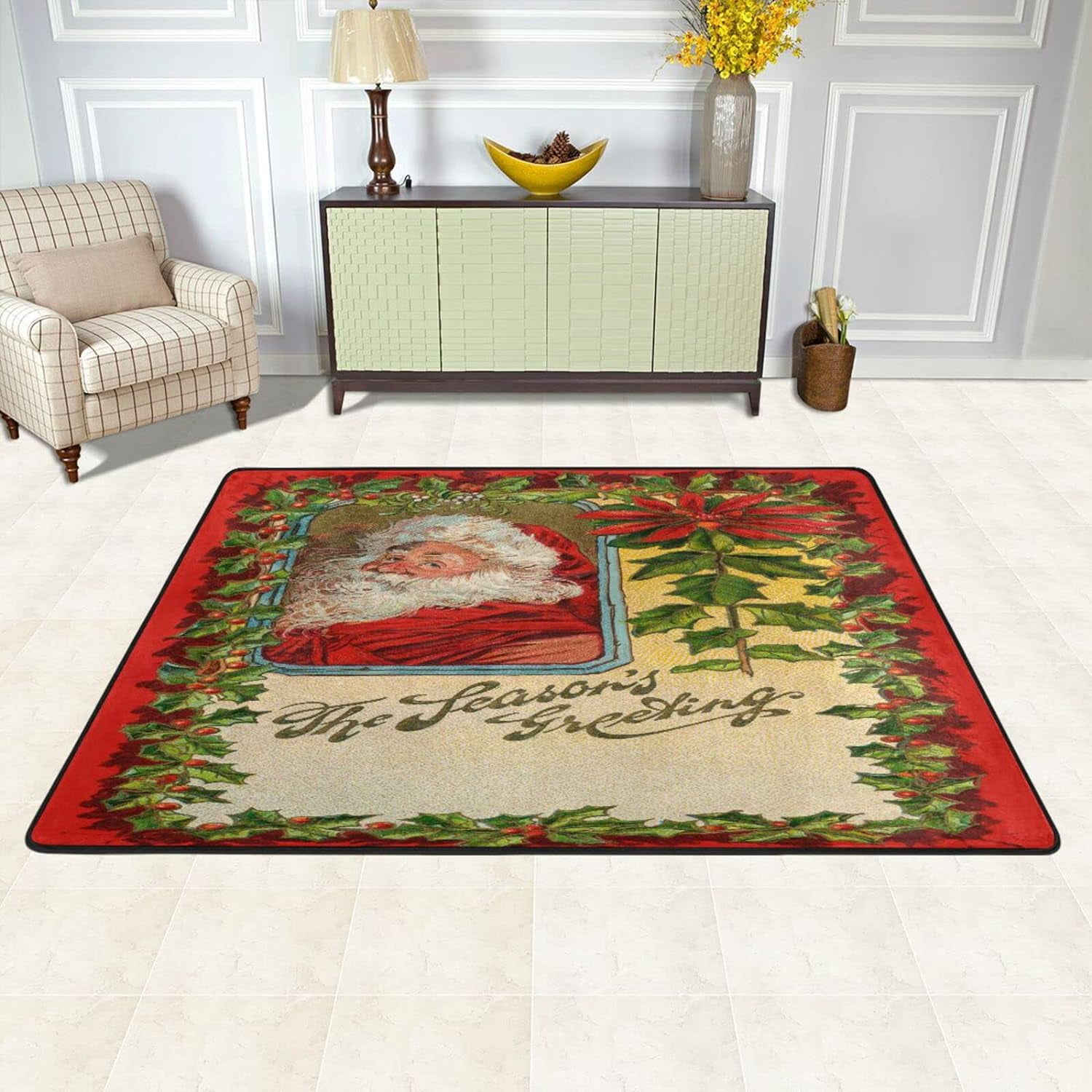 SKYSONIC Santa Greeting Non-Slip Area Rug, Vintage Christmas Floor ...