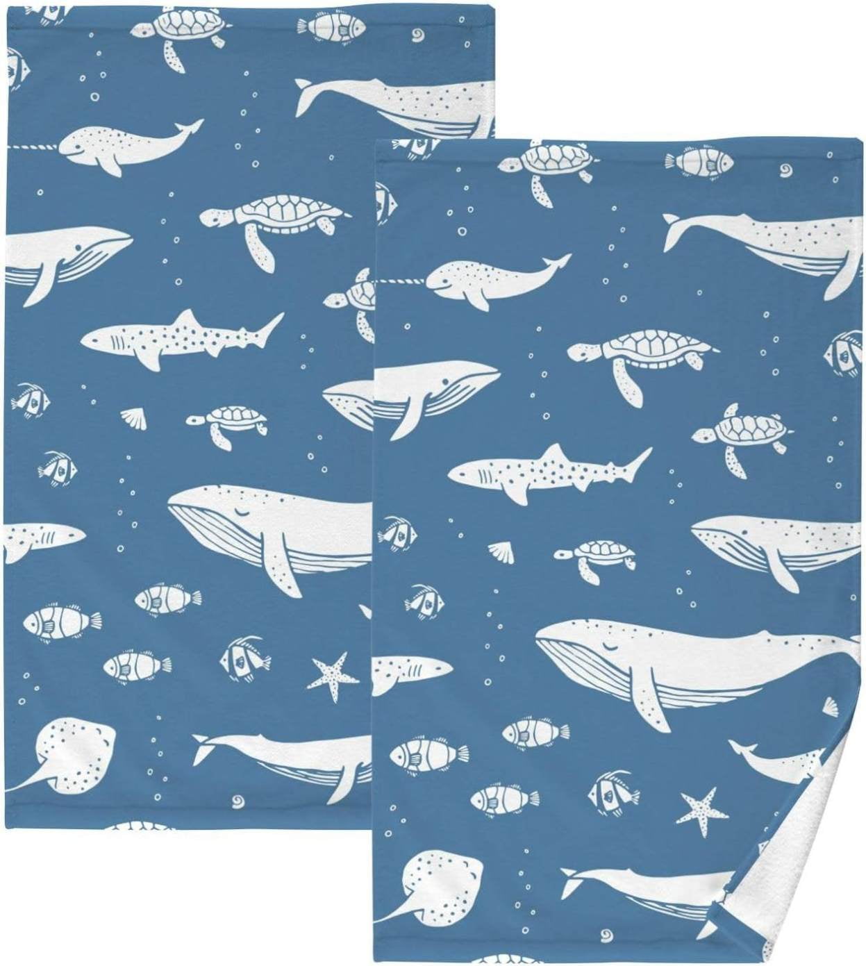 SKYSONIC Sea Animals Blue Patterned Hand Towels 2 PCS, Cotton Bath ...