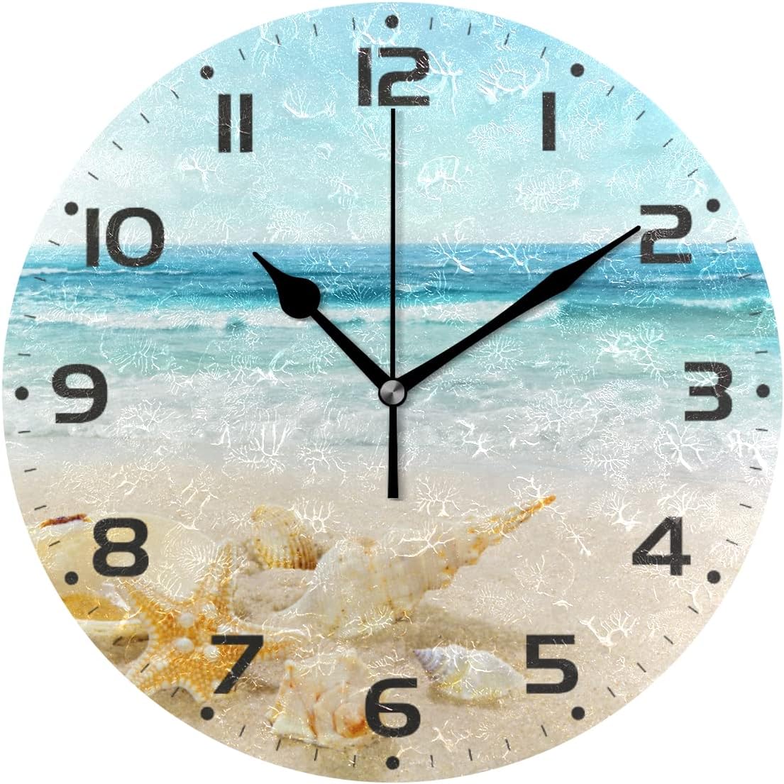 SKYSONIC Sea Beach Starfish Wall Clock 10 Inch Silent Non Ticking Round ...