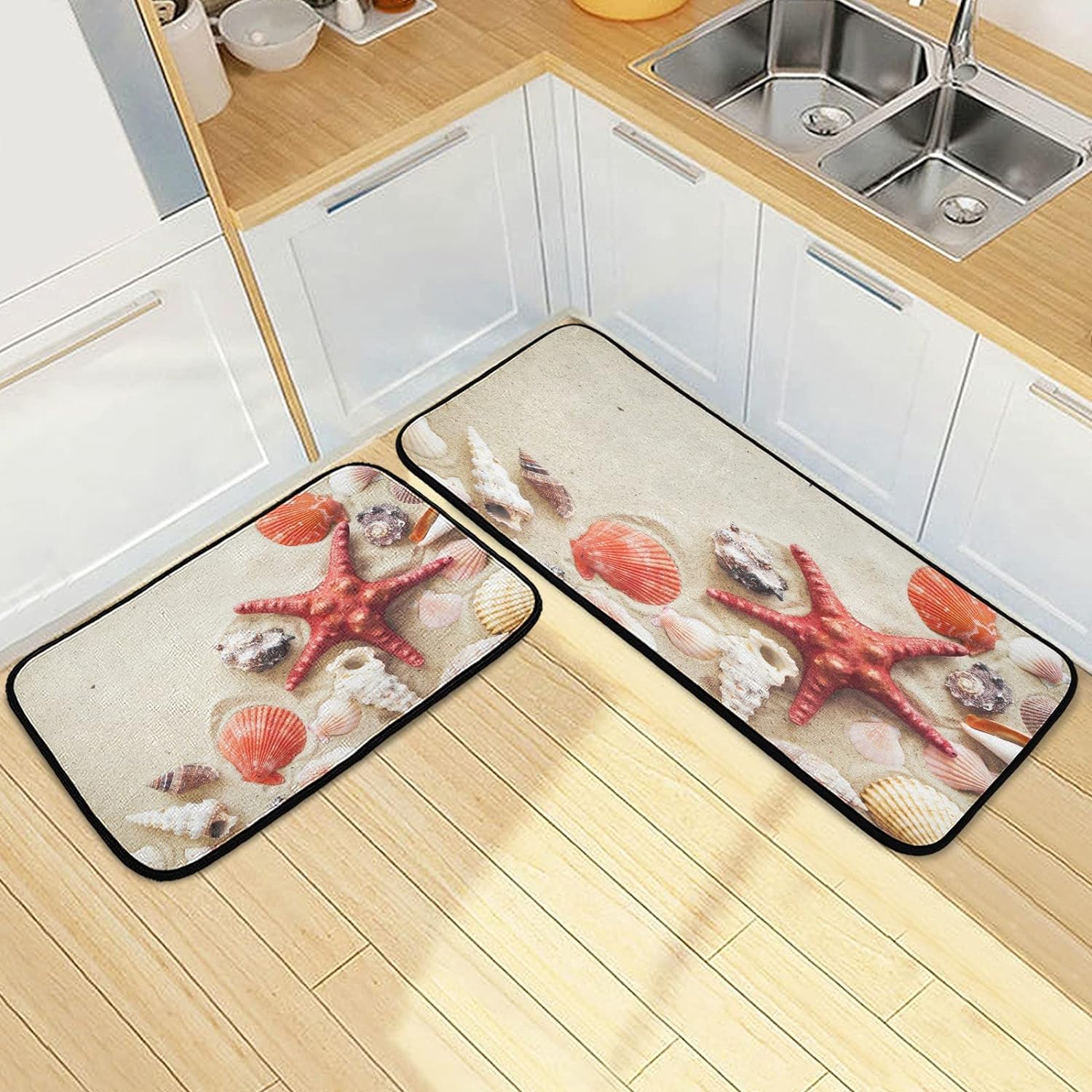 SKYSONIC Sea Shells Sand Summer Kitchen Mats and Rugs Ocean Life Floor ...
