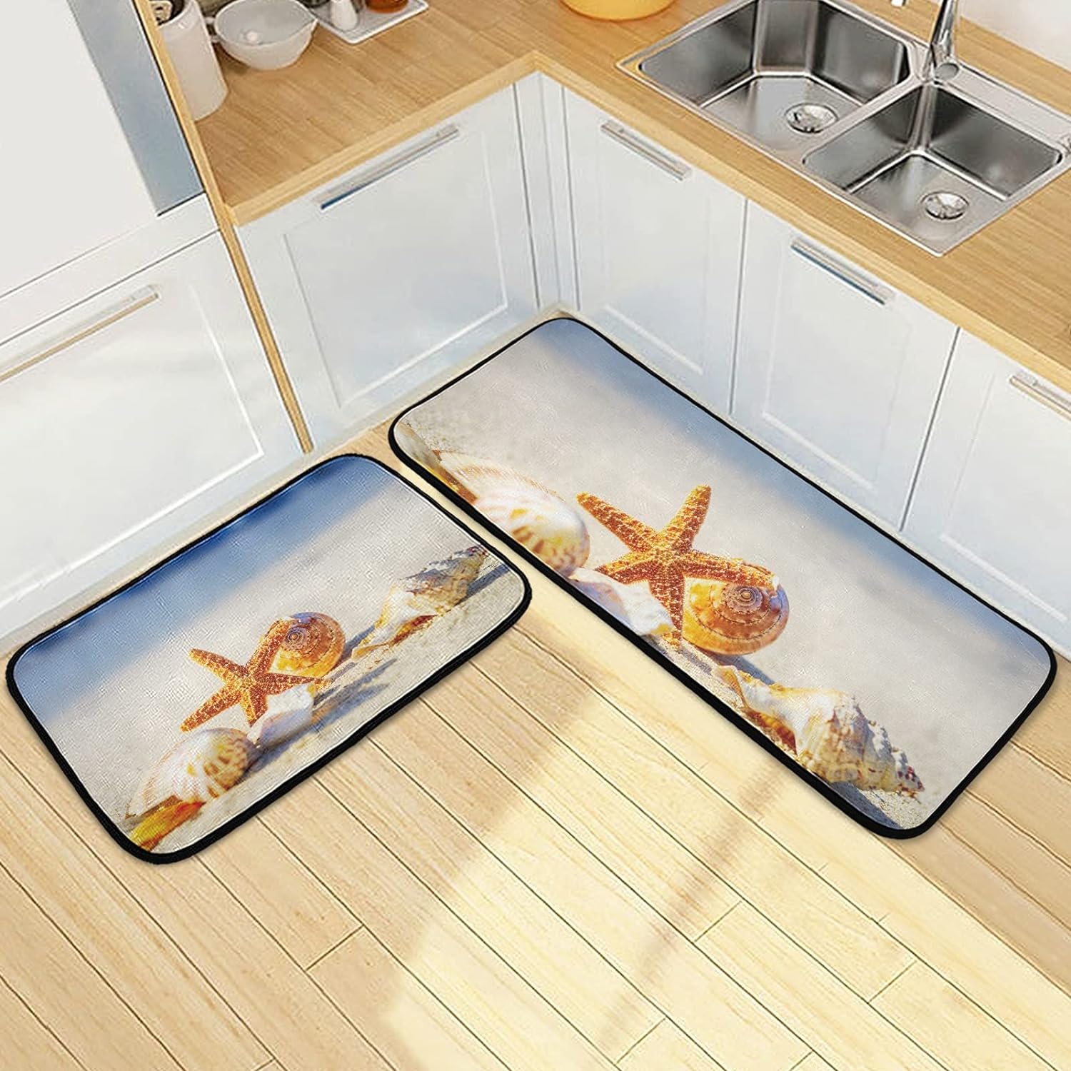 SKYSONIC Sea Shells Sand Tropical Kitchen Mats and Rugs Summer White ...