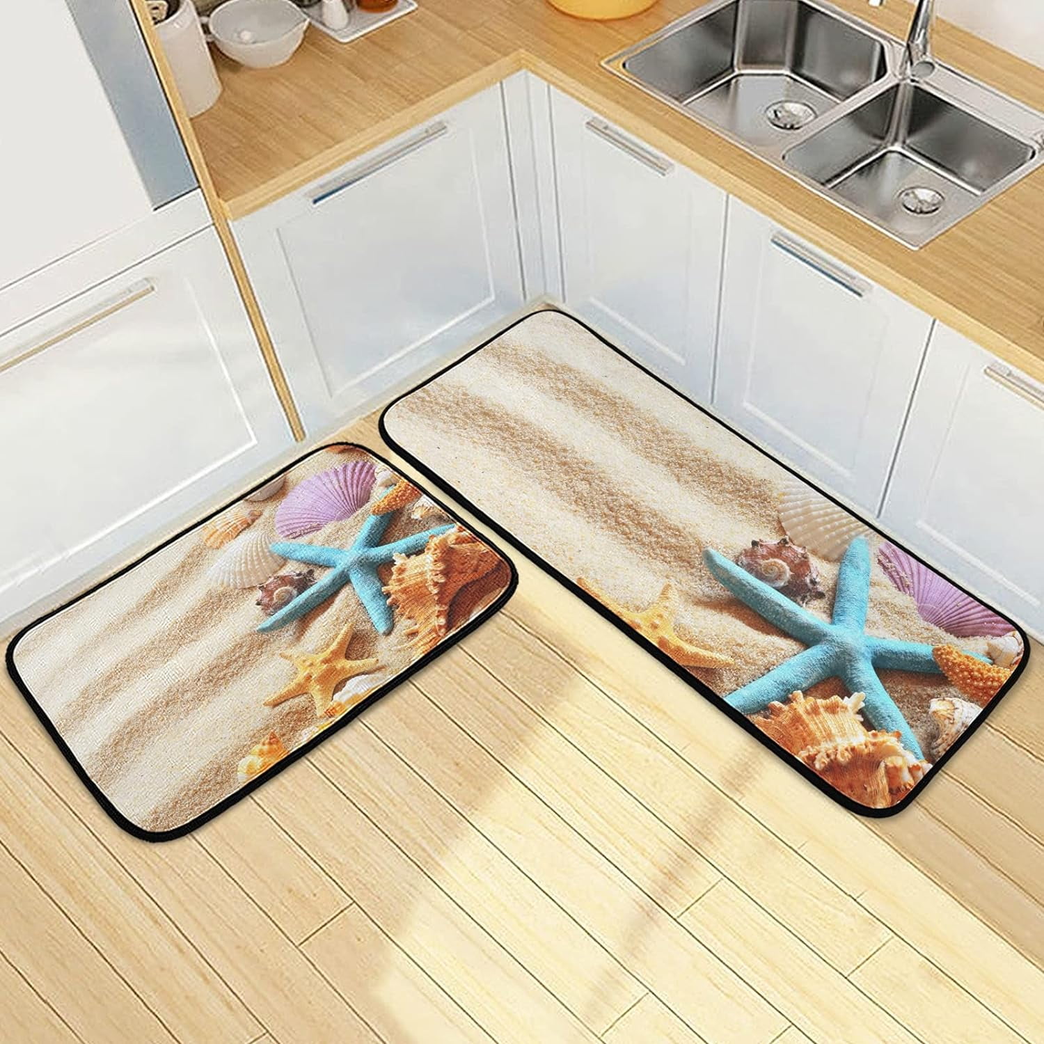 SKYSONIC Sea Shells Starfishes Kitchen Mats and Rugs Summer Sand Beach ...
