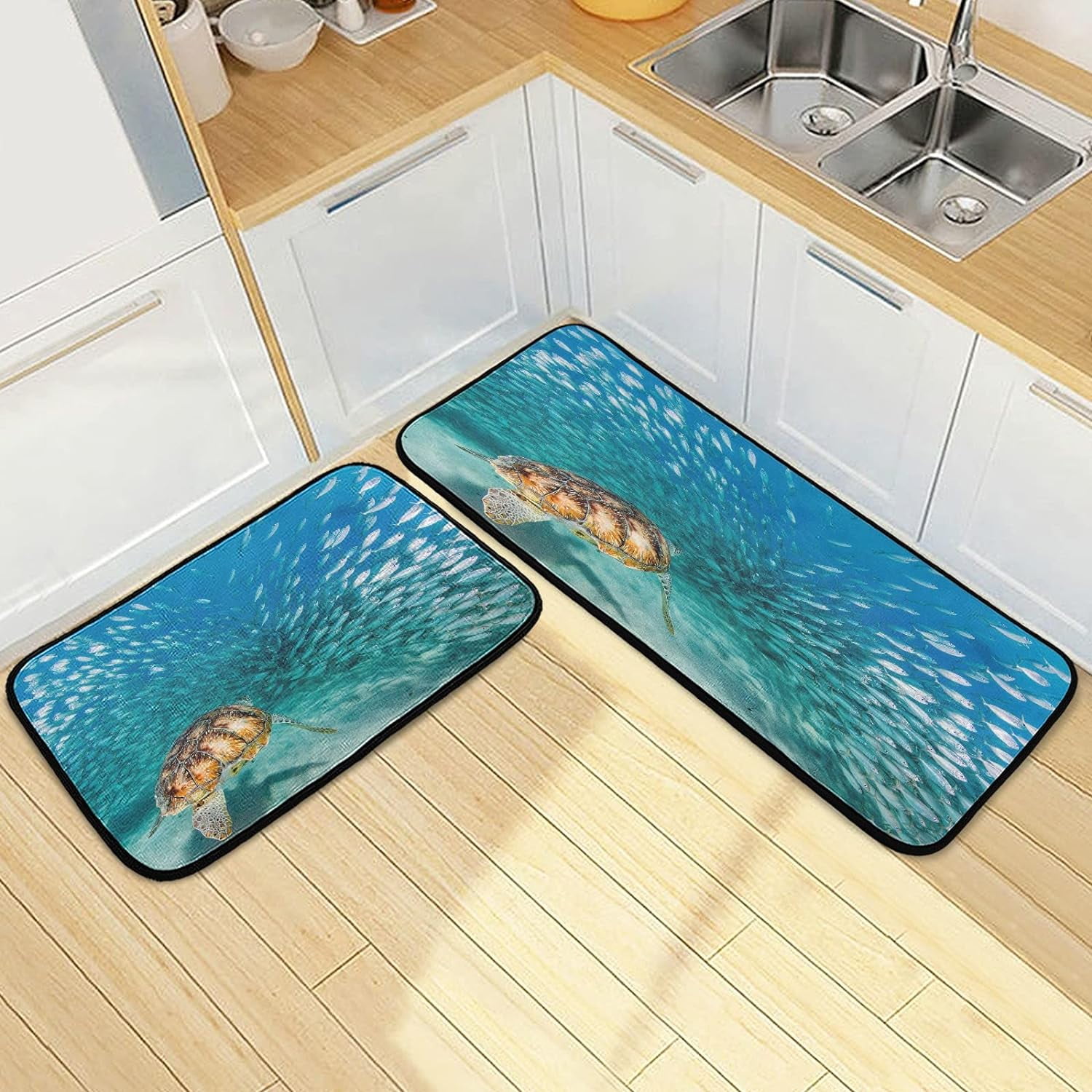 SKYSONIC Sea Turtle Underwater Kitchen Mats and Rugs Ocean Fish Shoal ...