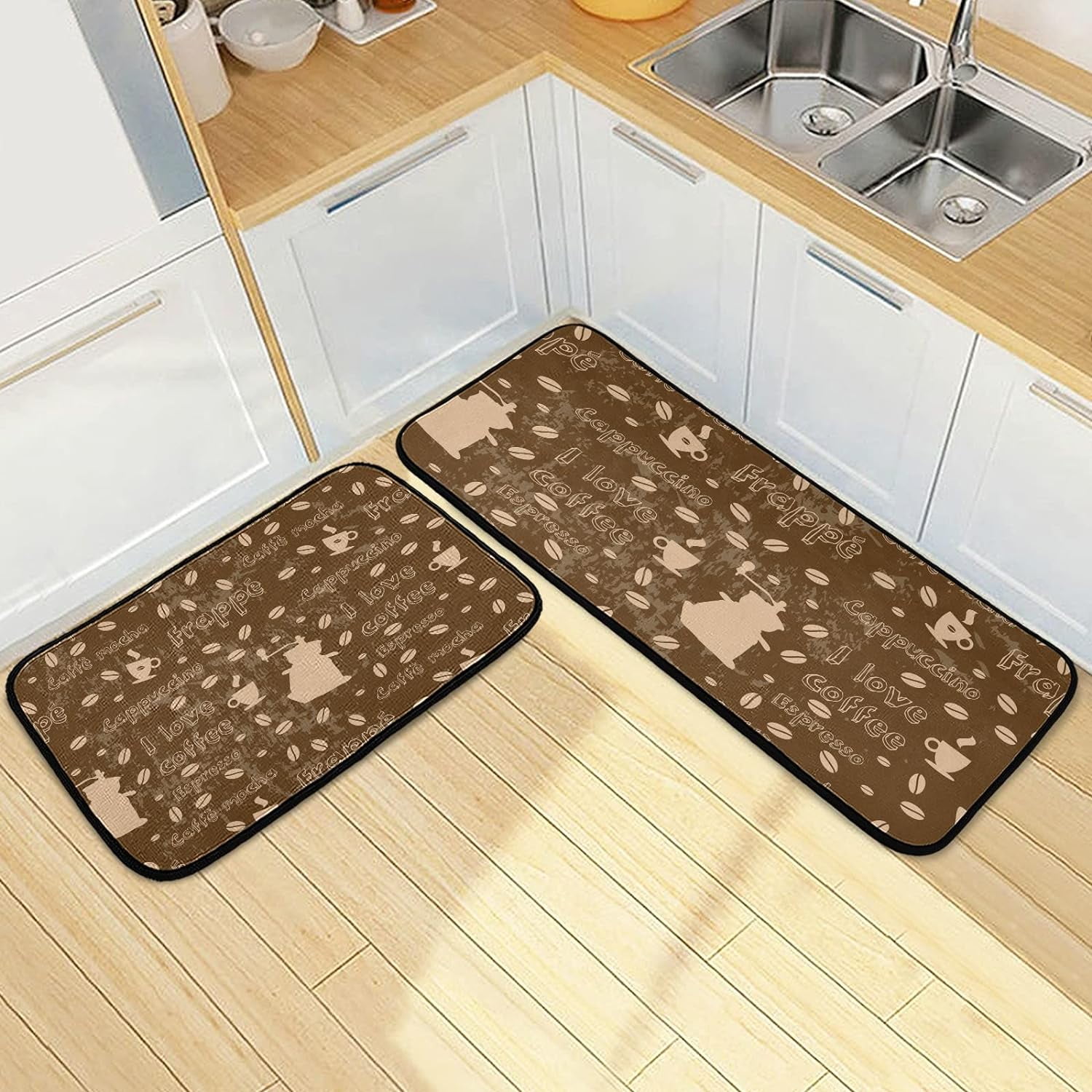 SKYSONIC Seamless Coffee Pattern Kitchen Rugs Set of 2, Coffee Mill Cup ...