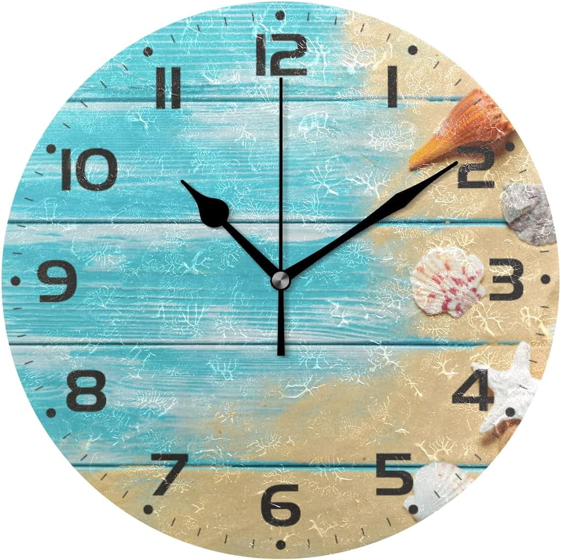 SKYSONIC Seashell Rope on Blue Wooden Wall Clock 10 Inch Silent Non ...
