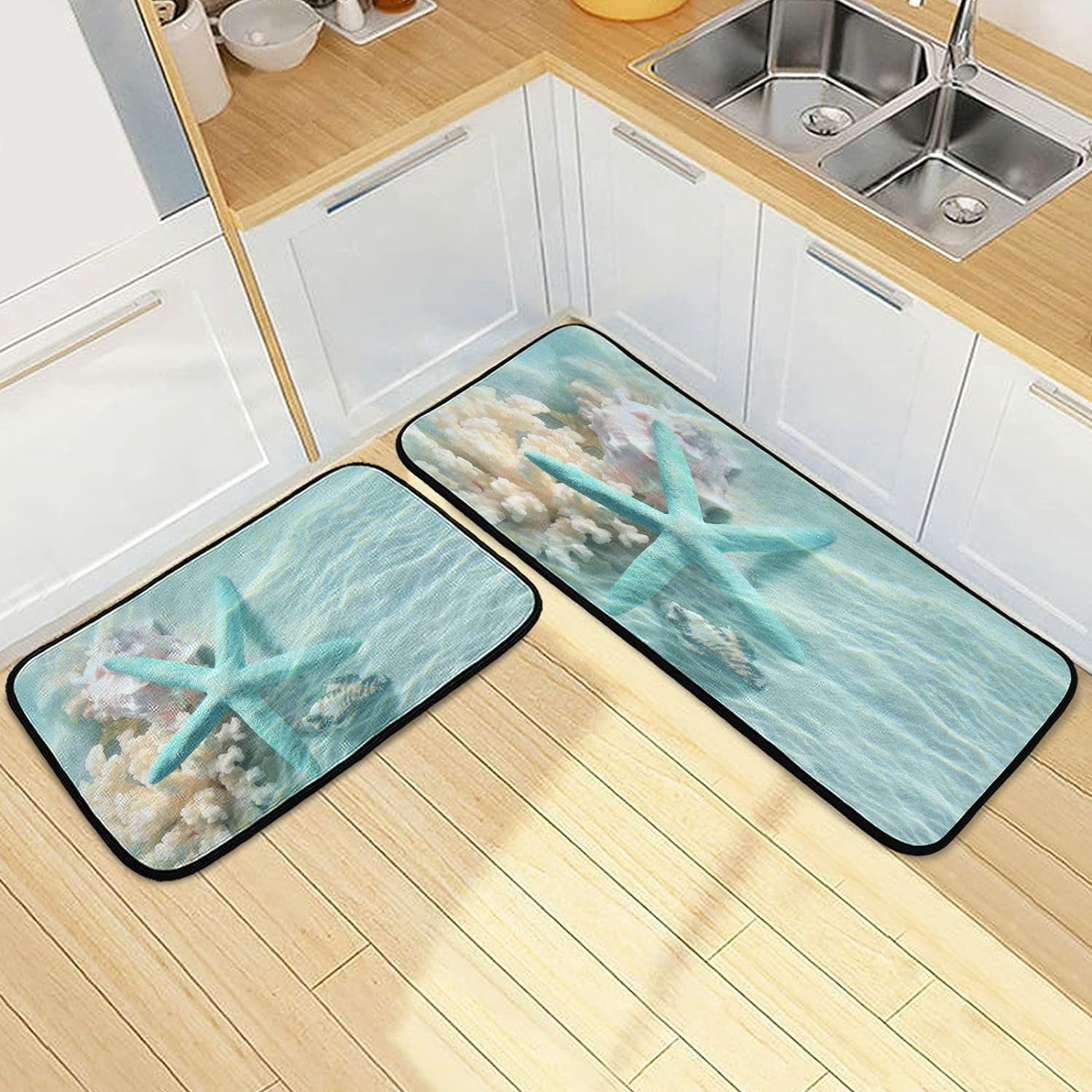 SKYSONIC Seashell Starfish Coastal Kitchen Mats and Rugs Summer Beach ...