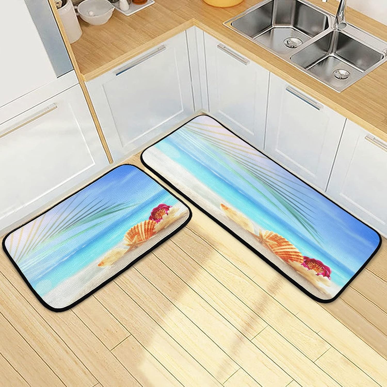 SKYSONIC Seashell White Sand Kitchen Mats and Rugs Tropical Summer ...
