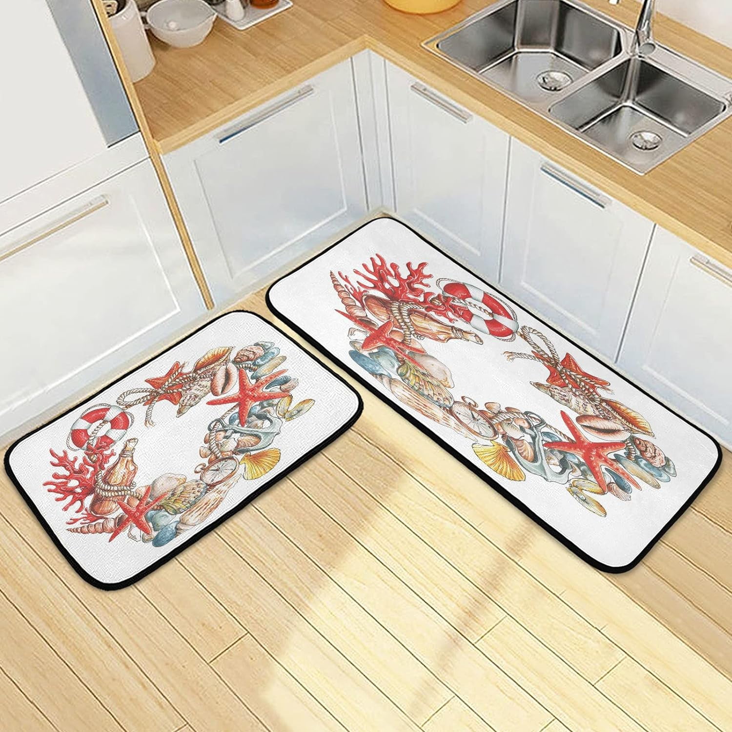 SKYSONIC Seashells Anchor Life Buoy Kitchen Mats and Rugs Marine ...