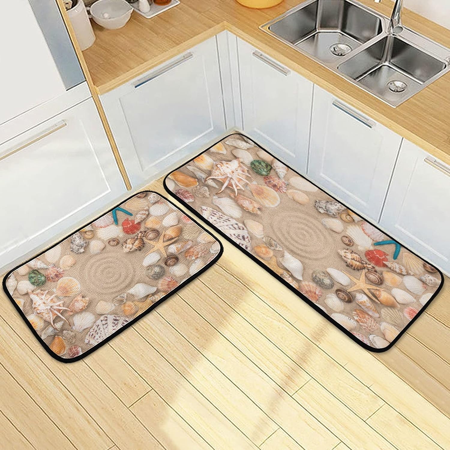 SKYSONIC Seashells Starfish Conch Kitchen Mats and Rugs Beach Sand ...