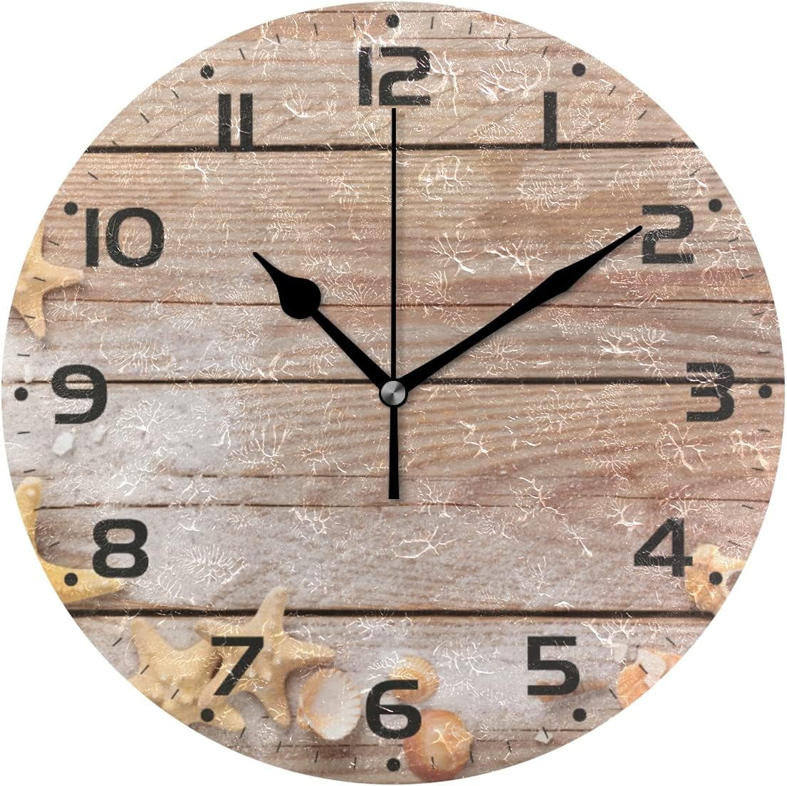 SKYSONIC Seashells on Wooden Plank Wall Clock 10 Inch Silent Non ...