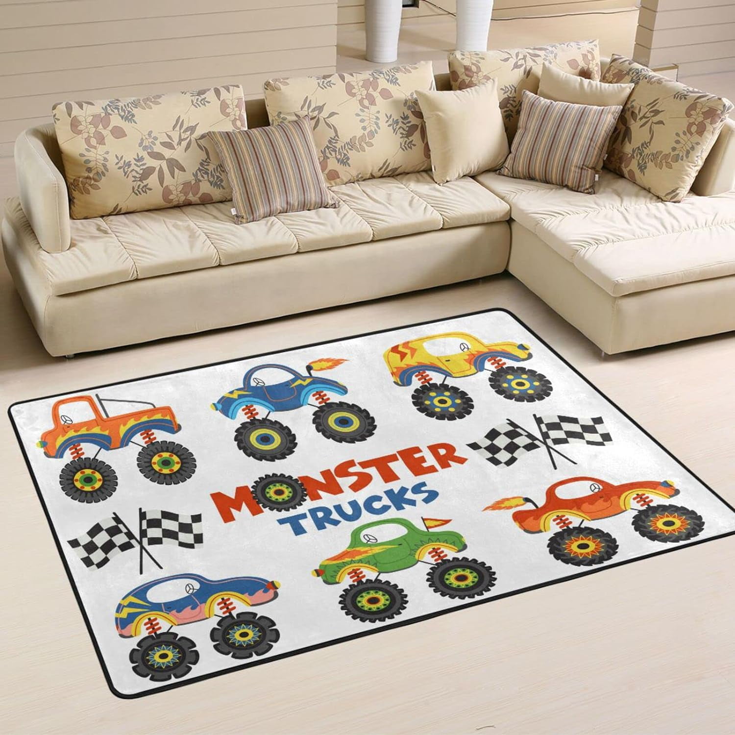 SKYSONIC Set of Monster Trucks Area Rug 72x48in Kid Toys Non-Slip Floor ...