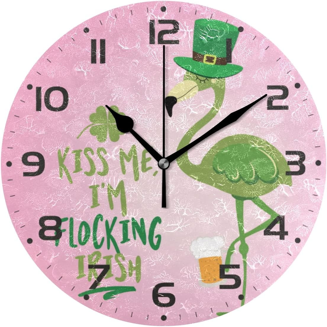 SKYSONIC Shamrock Flamingo Wall Clock 10 Inch Silent Non Ticking Round ...