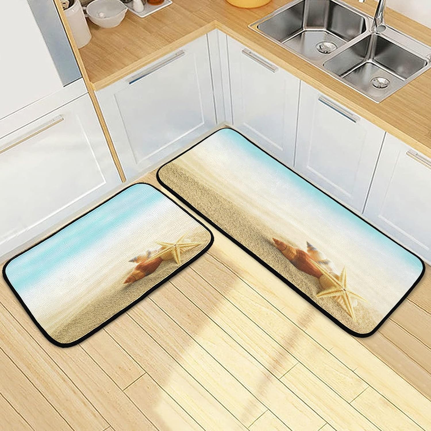 SKYSONIC Shell Starfish Beach Kitchen Mats and Rugs Sandy Summer Conch ...