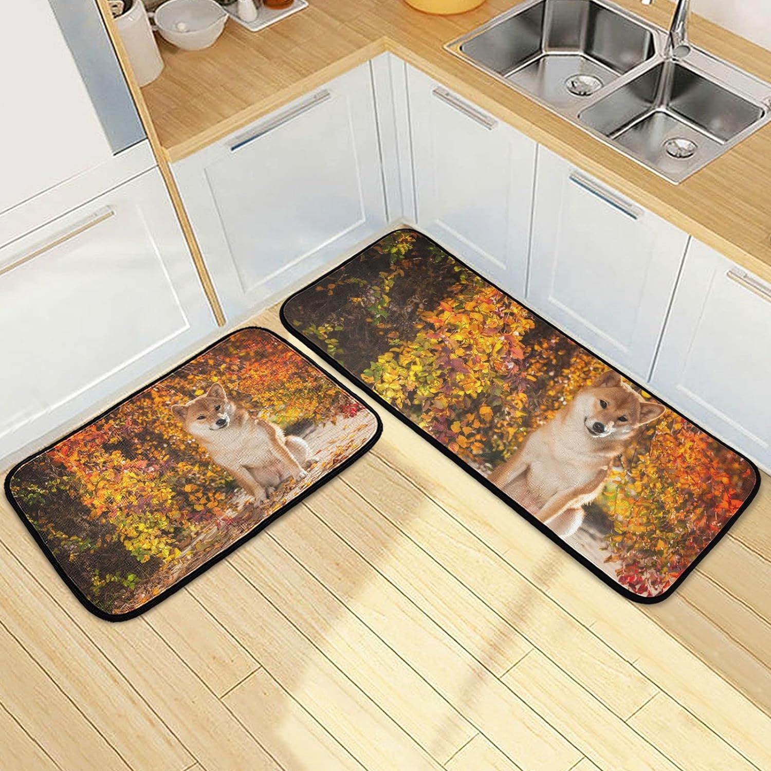 SKYSONIC Shiba Inu Leaves Kitchen Rugs Set of 2, Autumn Park Floor ...