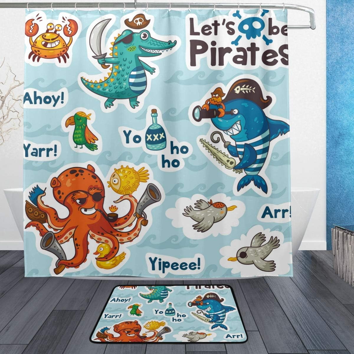 SKYSONIC Shower Curtain and Rug Set Underwater Pirates Set Sticker ...