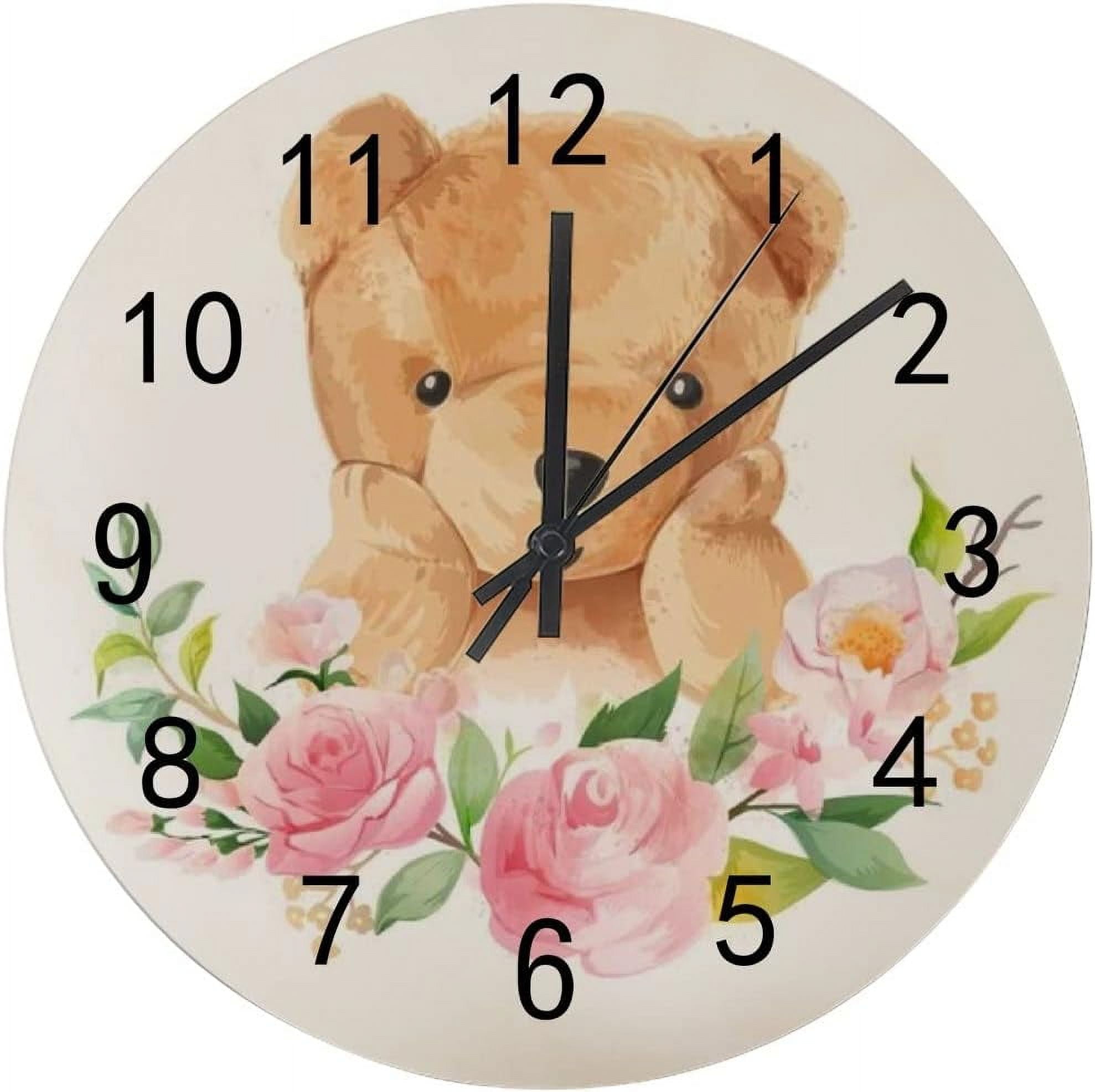 SKYSONIC Silent Wooden Round Wall Clock Bear and Flower Non Ticking ...