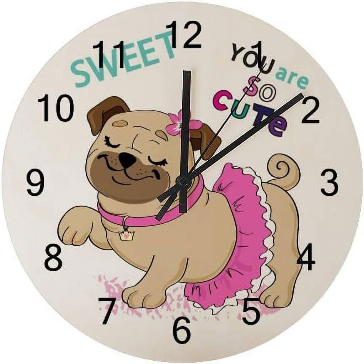 SKYSONIC Silent Wooden Round Wall Clock Beautiful Pug Dog in A Pink ...