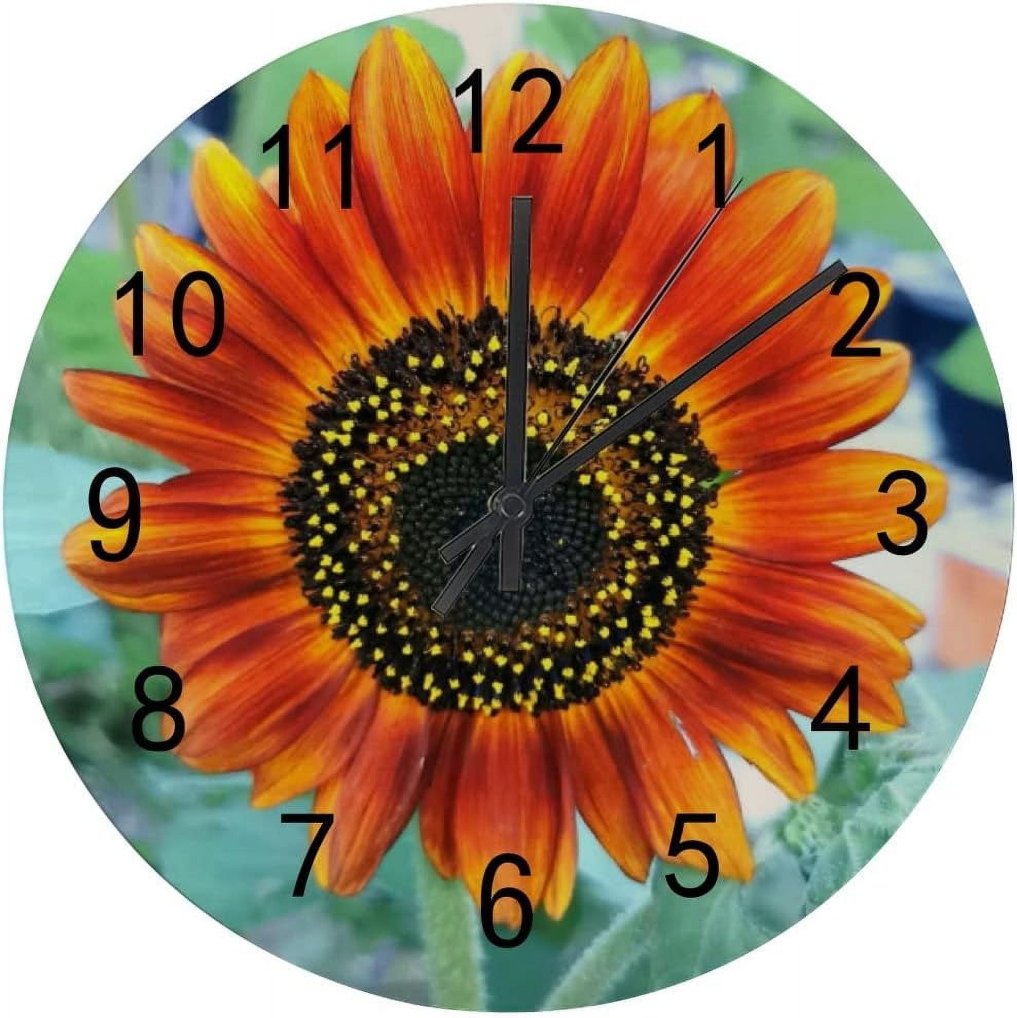 SKYSONIC Silent Wooden Round Wall Clock Beautiful Queen Sunflower in ...
