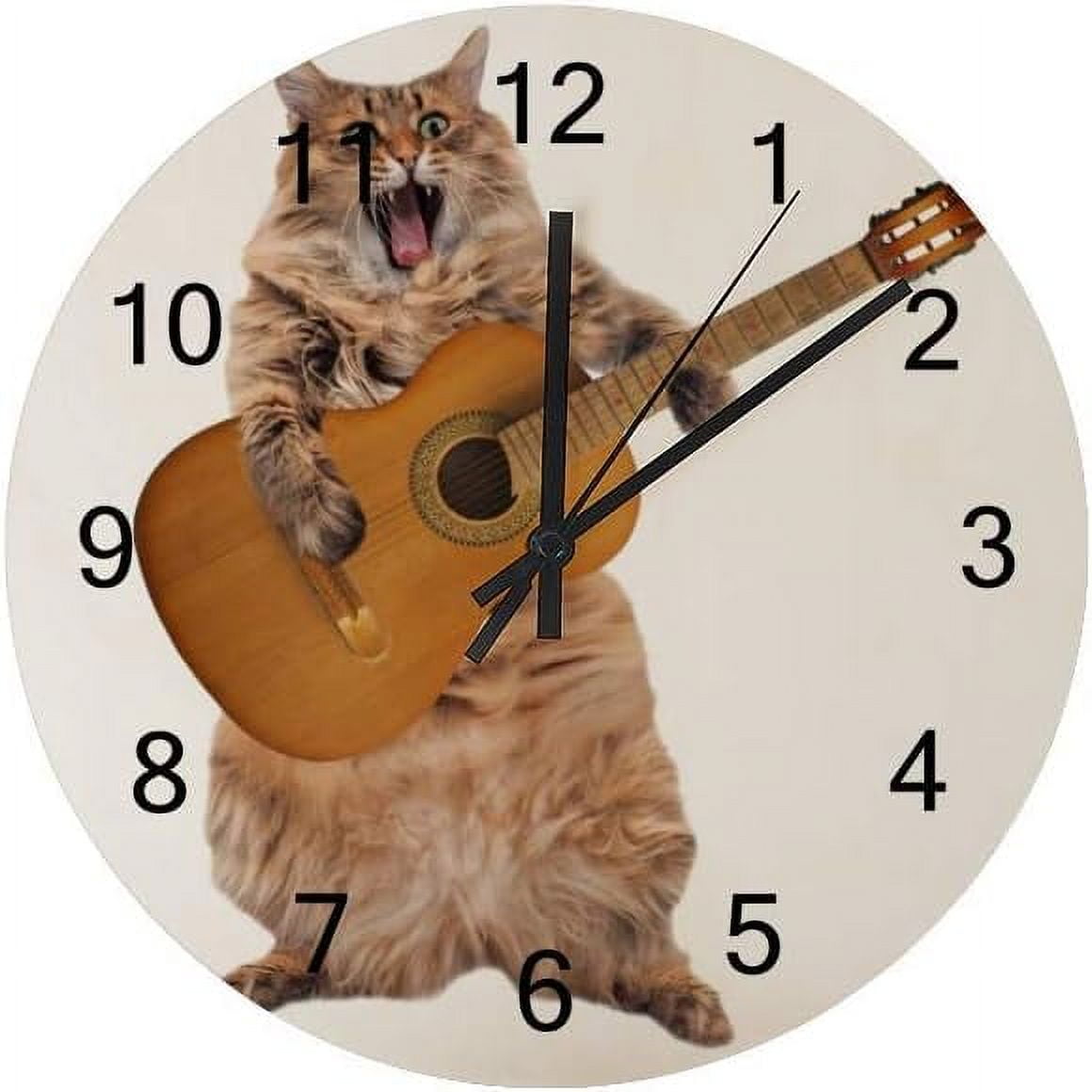 SKYSONIC Silent Wooden Round Wall Clock Big Shaggy Cat Playing Guitar ...