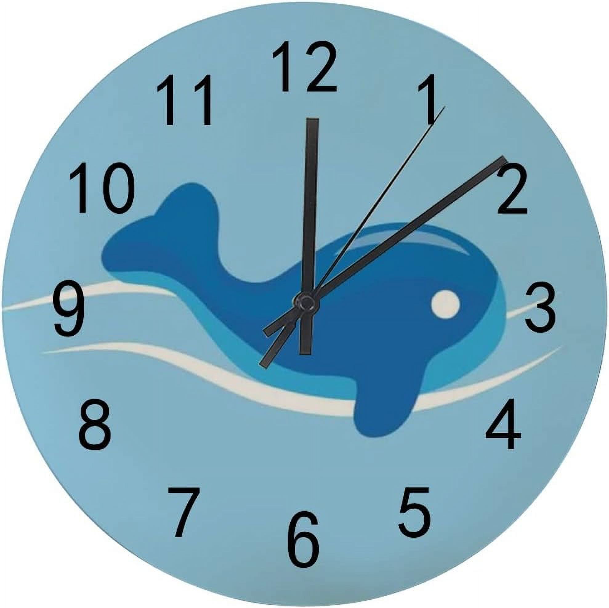 SKYSONIC Silent Wooden Round Wall Clock Blue Fish Non Ticking Battery ...