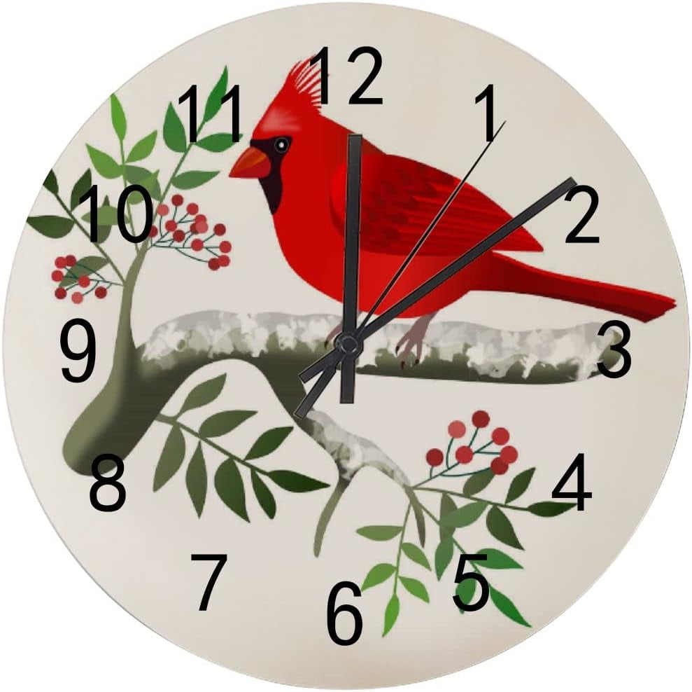 SKYSONIC Silent Wooden Round Wall Clock Cardinal Bird on Branches with ...