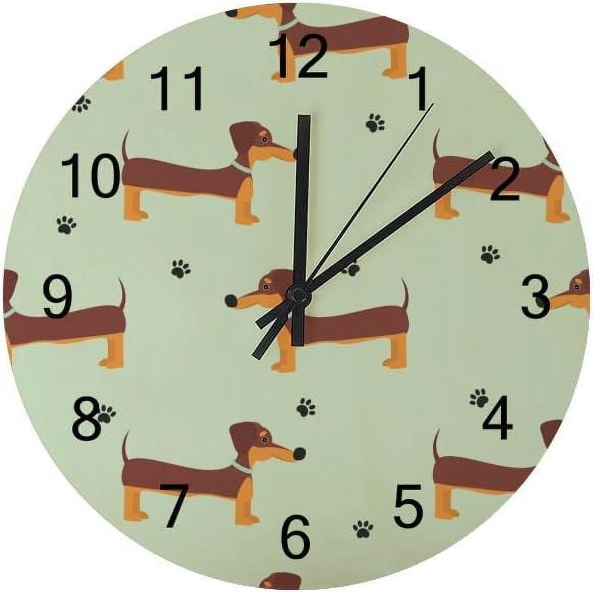 SKYSONIC Silent Wooden Round Wall Clock Cartoon Dachshund Dog Non ...