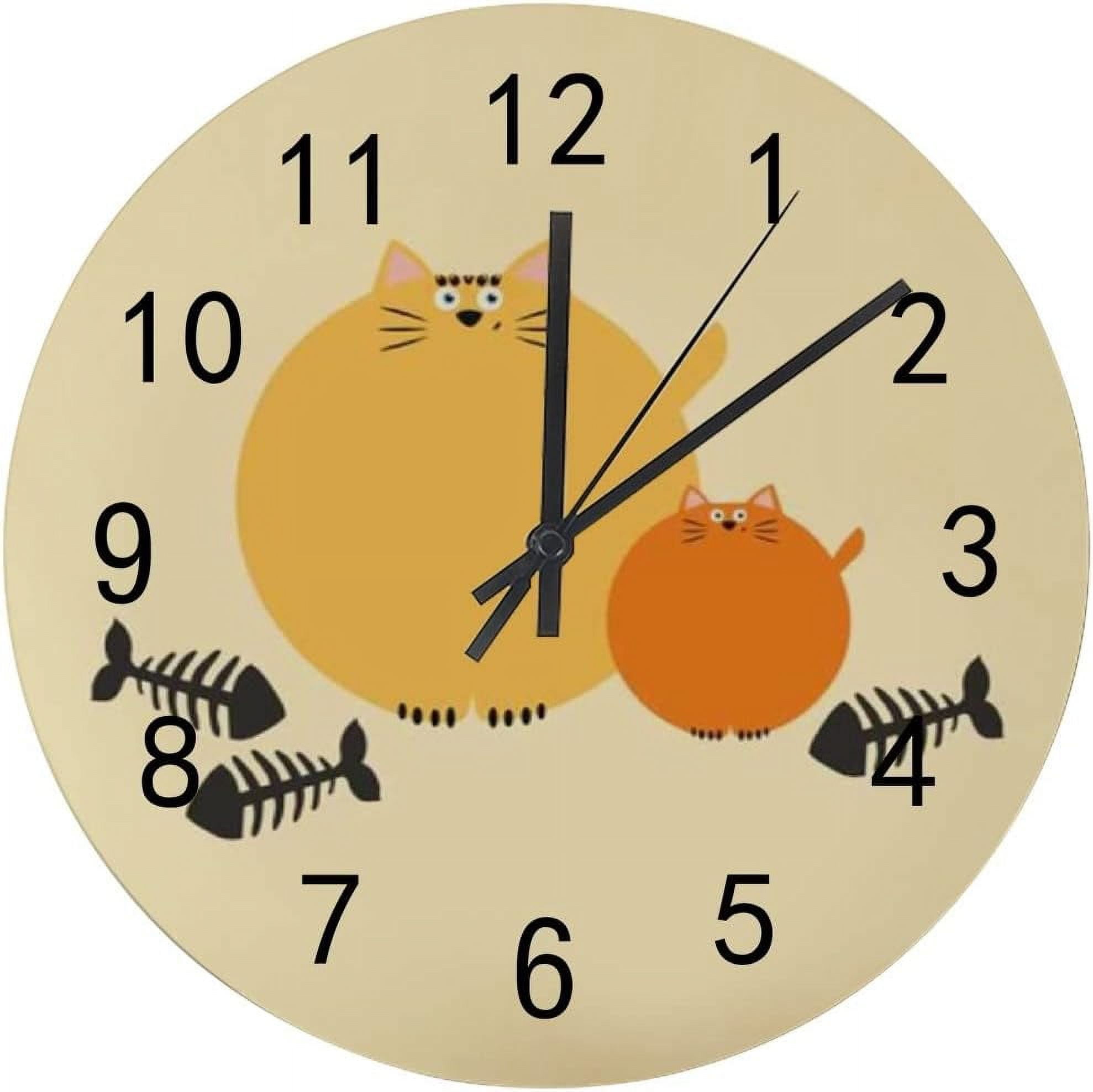SKYSONIC Silent Wooden Round Wall Clock Cats with Skeletons Non Ticking ...