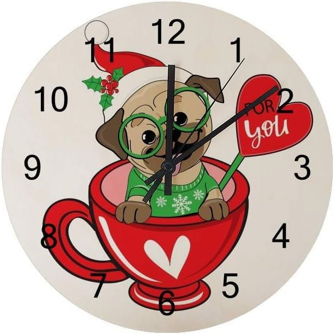 SKYSONIC Silent Wooden Round Wall Clock Christmas Pug Dog in A Red Cup ...