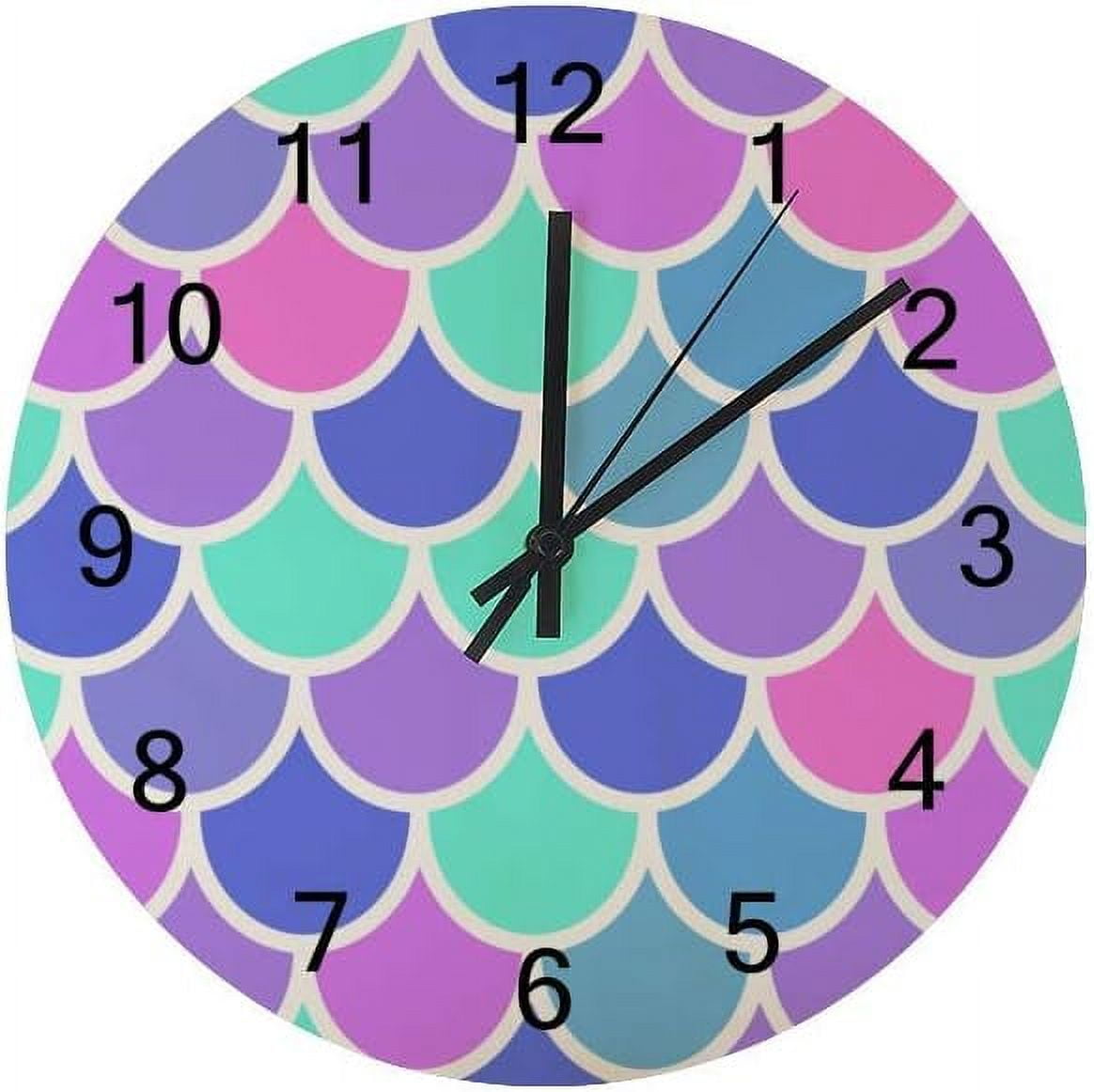 SKYSONIC Silent Wooden Round Wall Clock Colorful Mermaid Tail Non ...