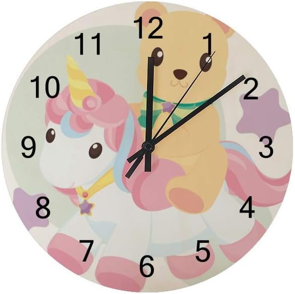 SKYSONIC Silent Wooden Round Wall Clock Cute Bear Riding Unicorn Non ...