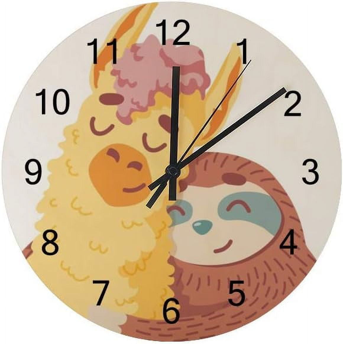 SKYSONIC Silent Wooden Round Wall Clock Cute Cartoon Llama Alpaca with ...