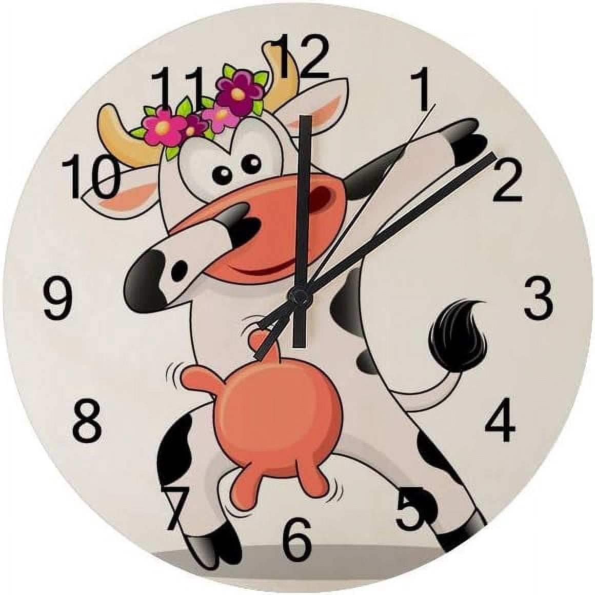 SKYSONIC Silent Wooden Round Wall Clock Cute Dabbing Cow Non Ticking ...