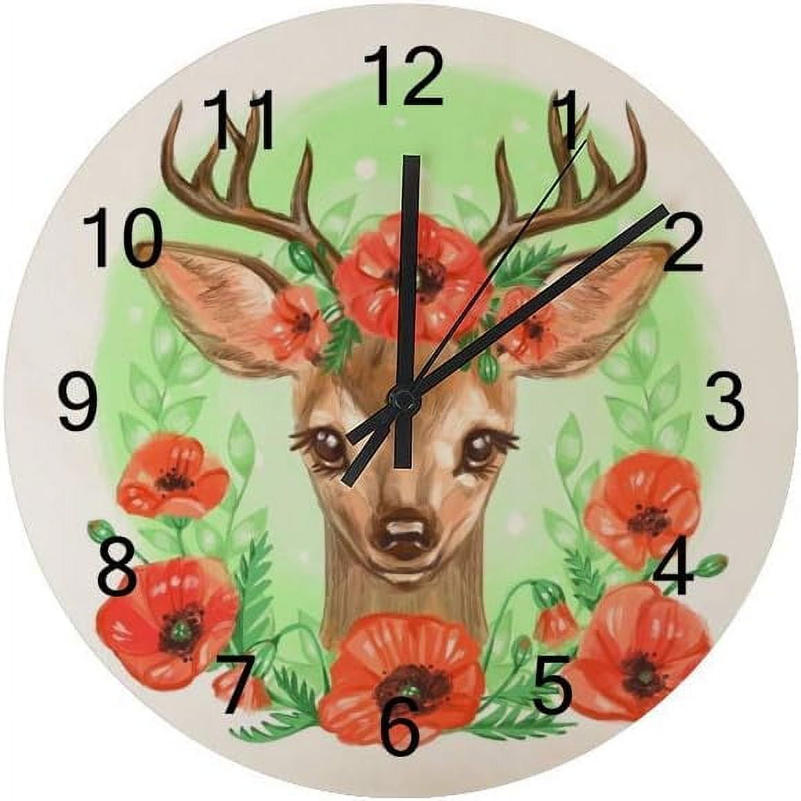 SKYSONIC Silent Wooden Round Wall Clock Cute Fawn with Flowers Non ...