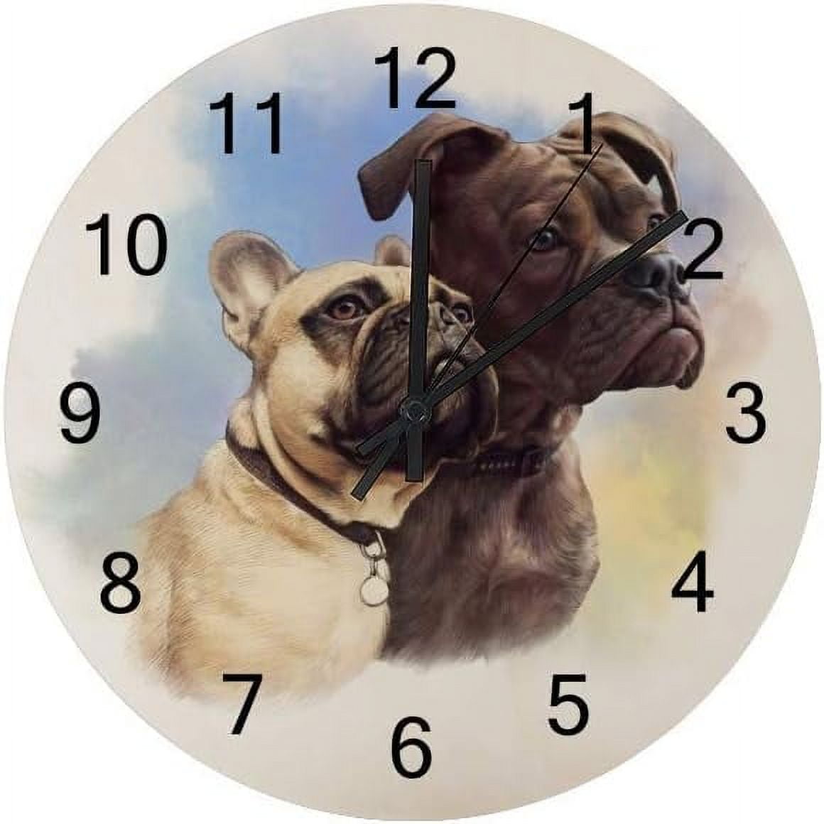 SKYSONIC Silent Wooden Round Wall Clock Cute French Bulldogs Non ...