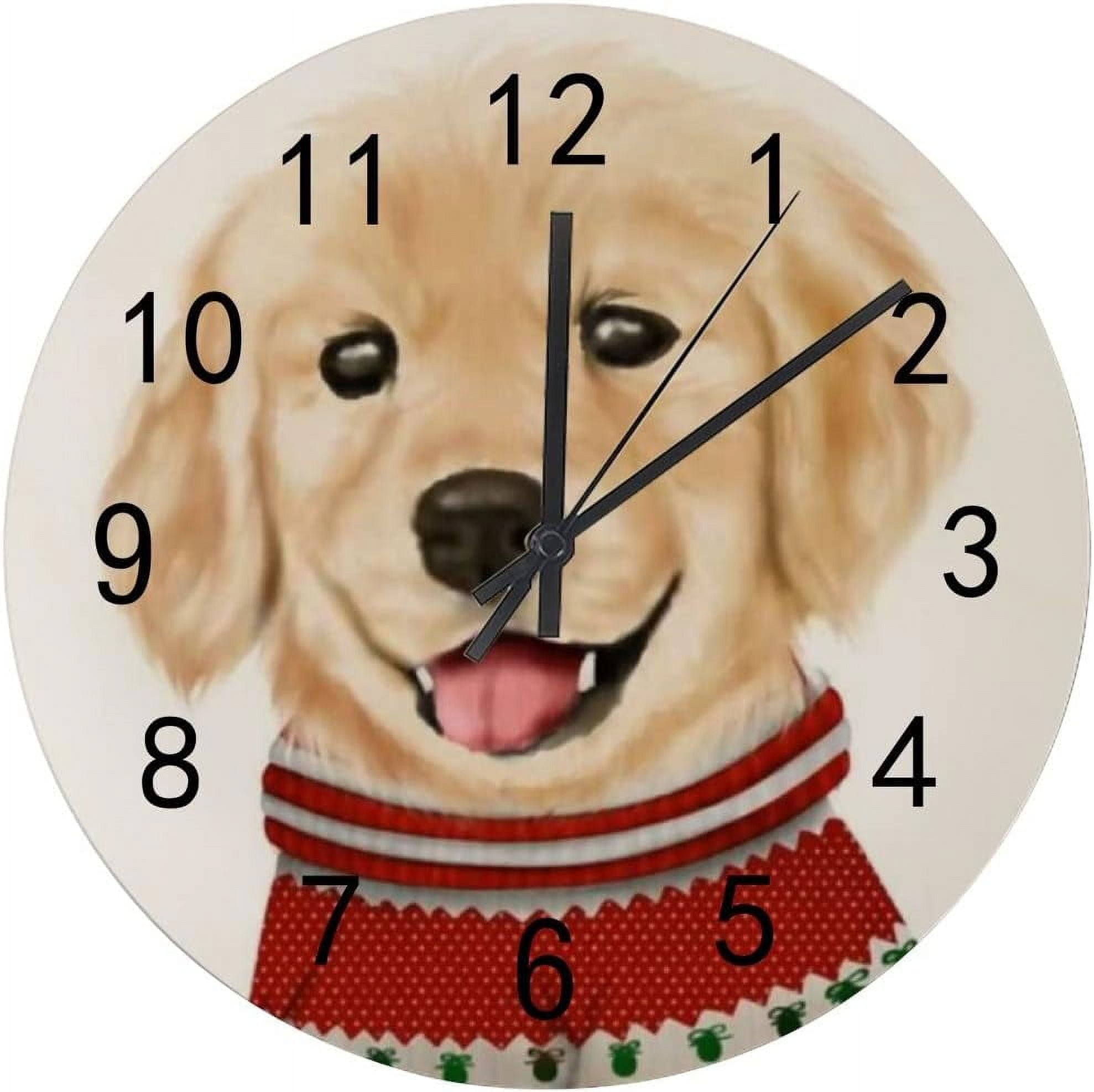 SKYSONIC Silent Wooden Round Wall Clock Cute Golden Retriever Dog in ...