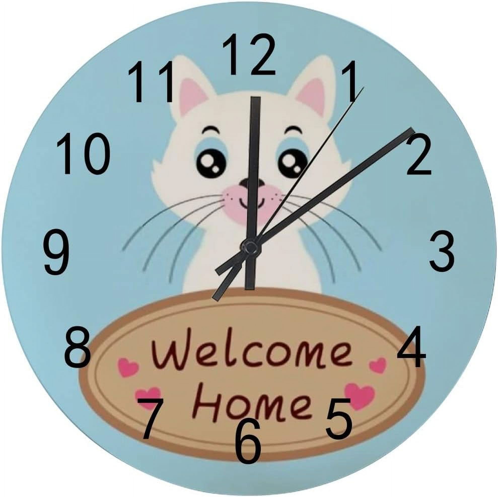 SKYSONIC Silent Wooden Round Wall Clock Cute Kitten Cat Welcome Home ...